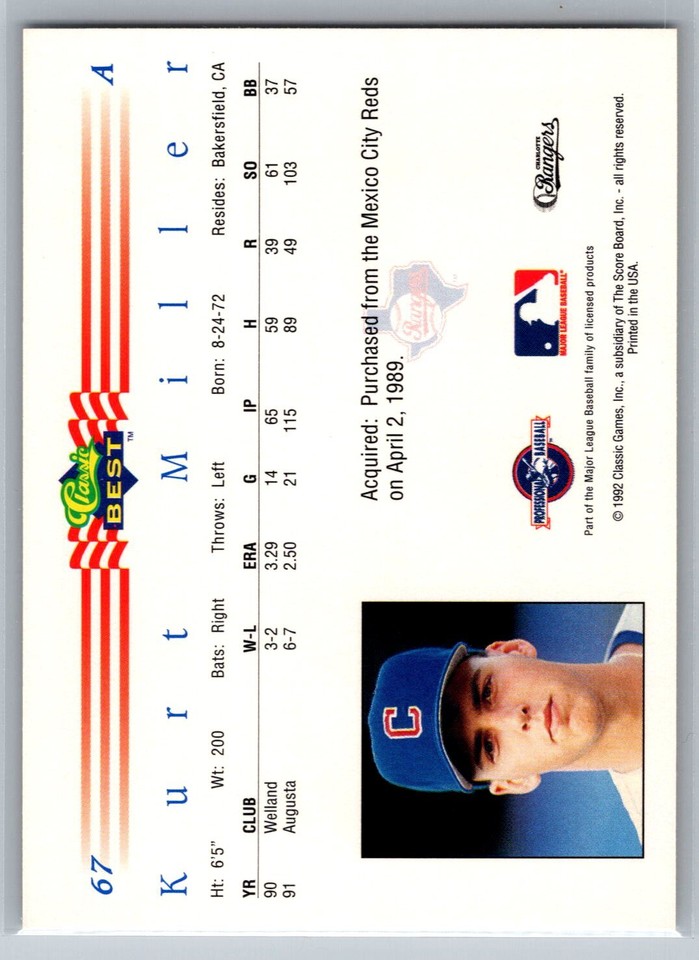 Kurt Miller 1992 Classic Best Set Break BASEBALL #67 Charlotte Rangers ...
