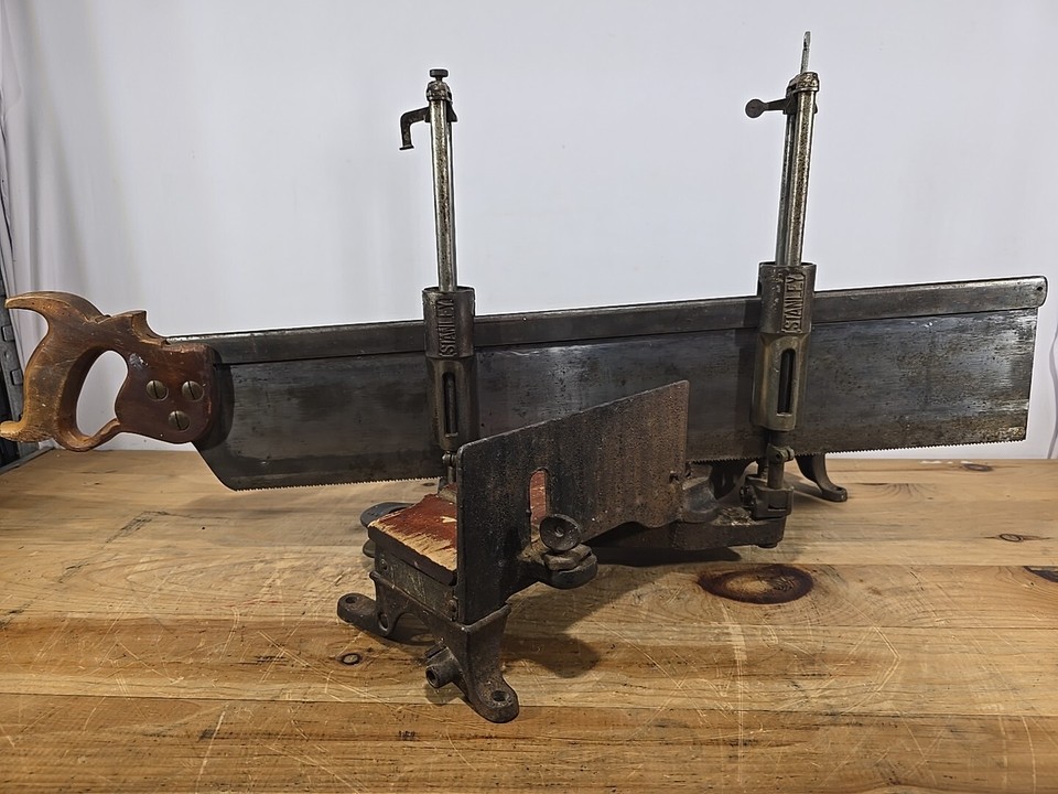 Antique Stanley Adjustable Miter Box and Saw with Vintage Carpenters ...