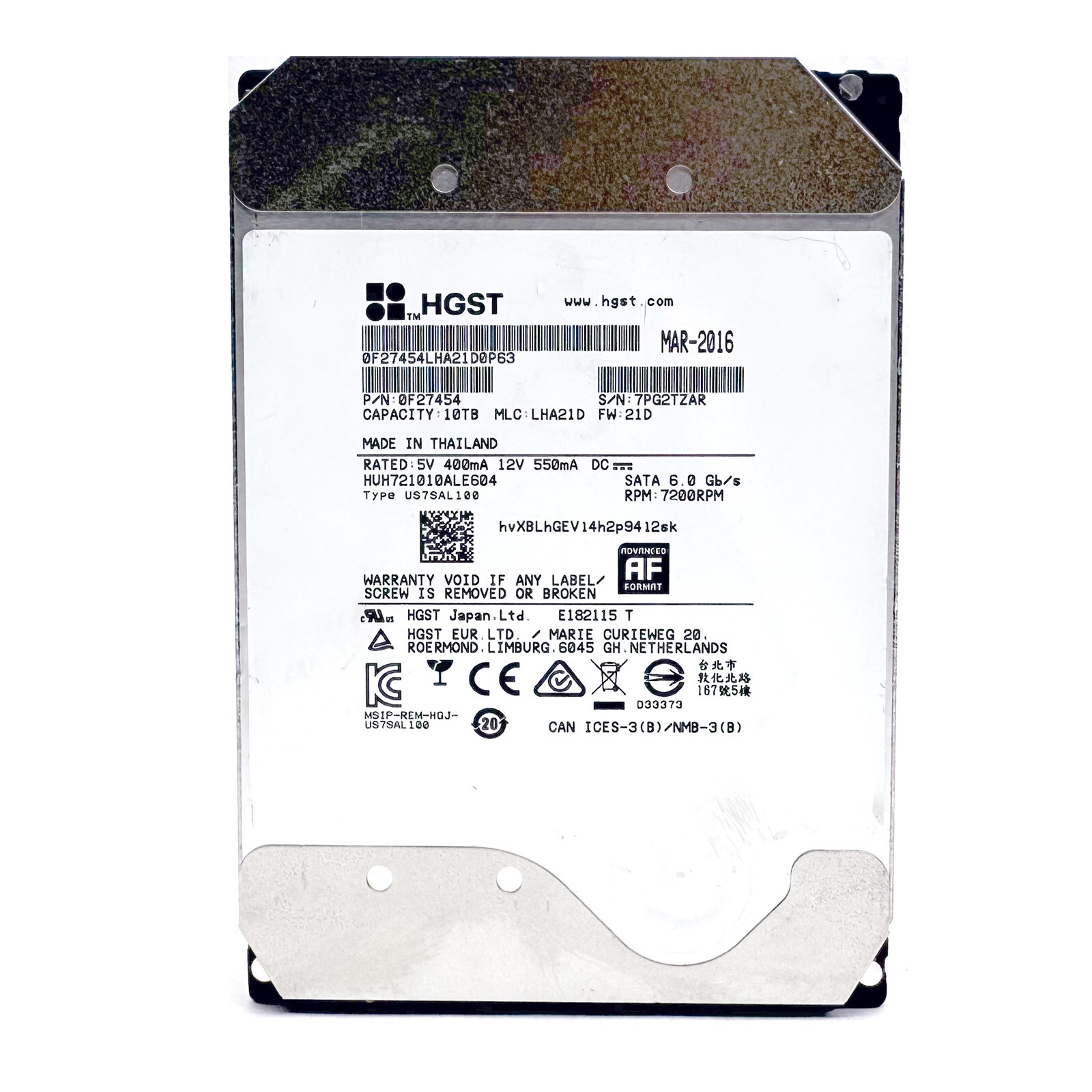 HGST UltraStar He10 10TB SATA 6Gbps 3.5" HDD 0F27454 7.2K ...