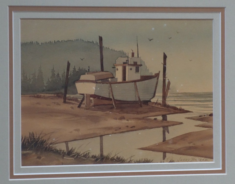 Jerry Becker Watercolor Painting. A Small Fishing Boat Dry Docked at ...
