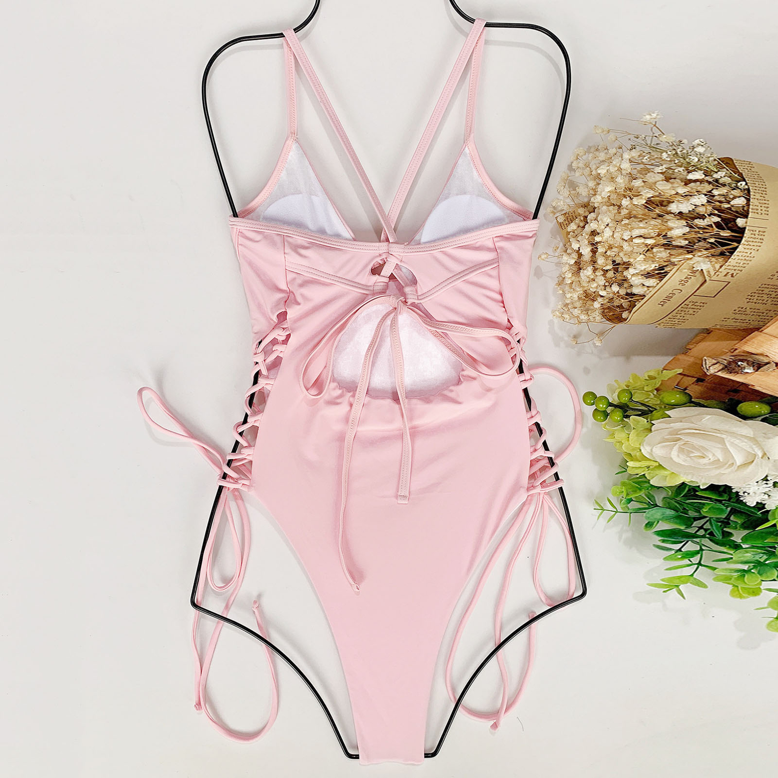 Women Swimwear Drawstring Backless Padded Underwire Drawstring Swimwear ...