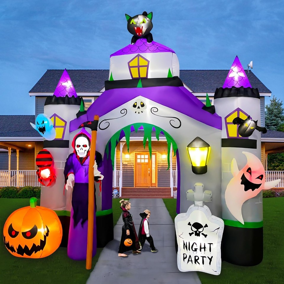 12.3 Ft Giant Halloween Inflatable Haunted House Castle Archway LED ...