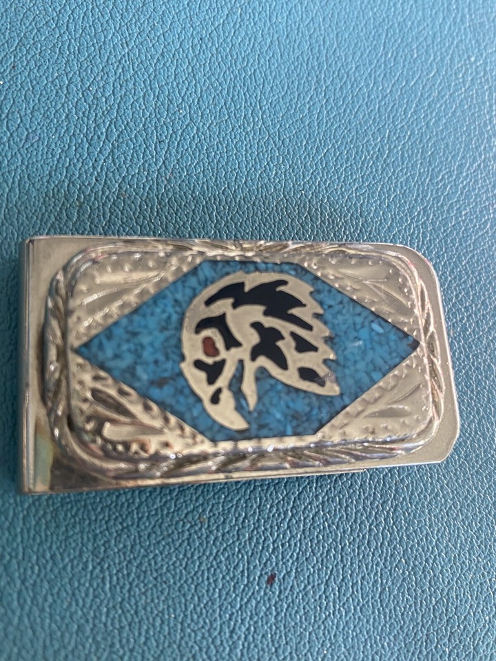 Vintage Native American Turquoise /Onyx/Coral Eagle Head Money Clip SS ...