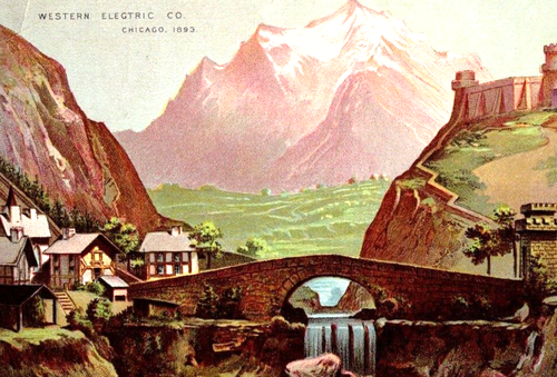 1893 Western Electric Co CHICAGO Mountain Scenery Bridge Victorian ...