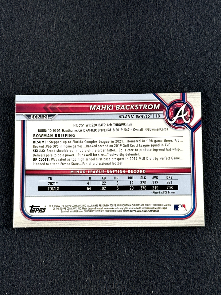 2022 Bowman MAHKI BACKSTROM 1st Bowman Chrome Prospect #BCP-121 Atlanta ...