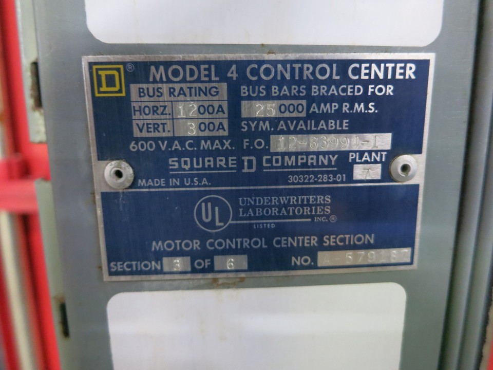 Square D Model 4 1200/300A MCC Motor Control Center 3x Section Main ...