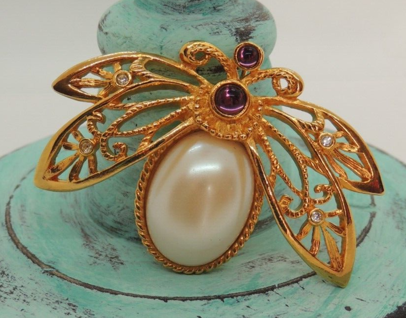 Vintage AVON Moth Insect Brooch Faux Pearl Purple & Clear Rhinestones ...