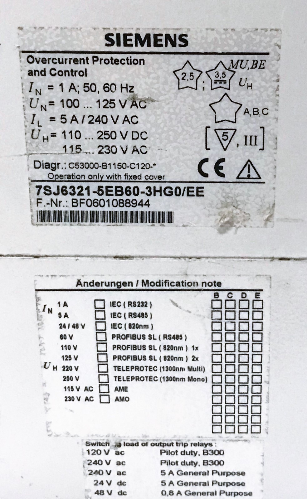SIEMENS SIPROTEC 7SJ63 OVERCURRENT PROTECTION & CONTROL 7SJ6321-5EB60 ...