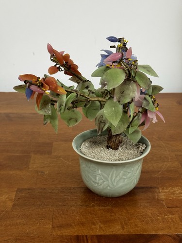 Vintage Jade Tree Green Blue Cherry Blossom Leaves Bonsai Celadon Pot ...