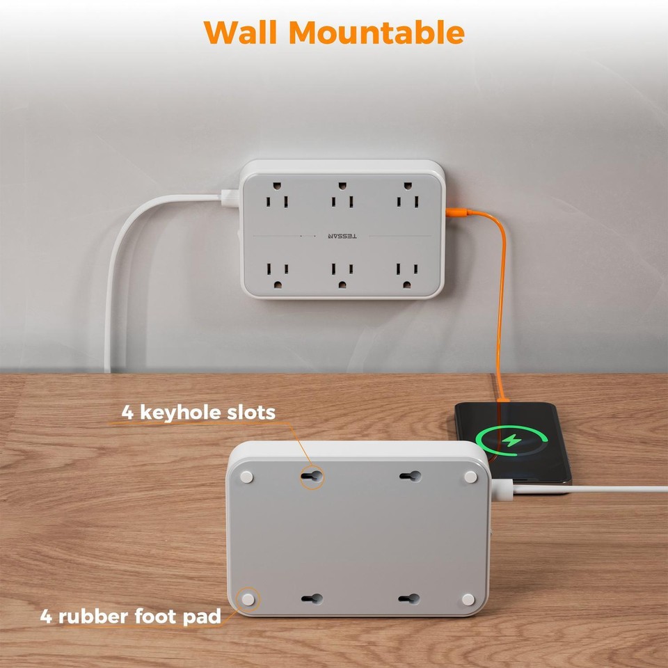 10ft Long Extension Cord Power Strip Flat Plug Ultra Thin Plug with 6 ...