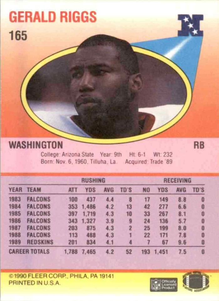 1990 Fleer Gerald Riggs Washington Redskins #165 | eBay