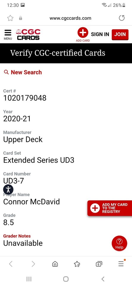 2020-21 Upper Deck Extended Series UD3 /1000 CSG 8.5 #UD3-7 Connor ...