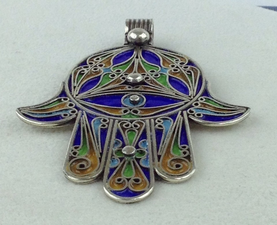 SILVER & Colored Enamel Moroccan Berber Hamsa Evil Eye Amulet Talisman ...