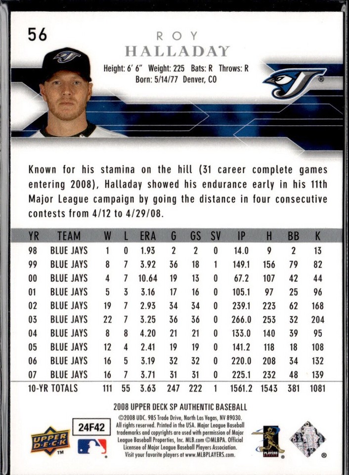 2008 SP Authentic #56 Roy Halladay | eBay