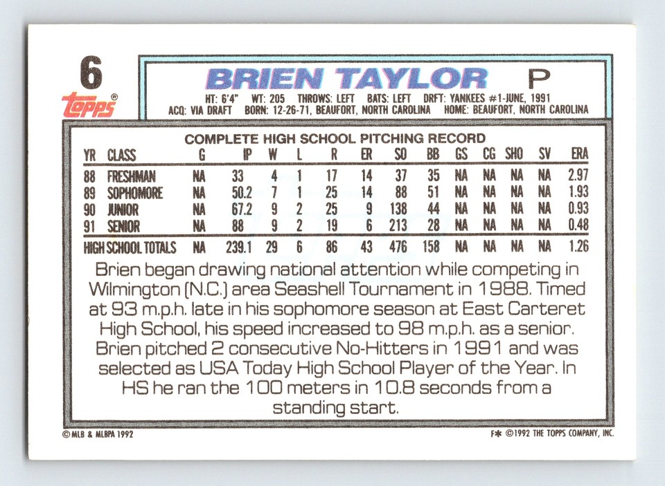 1992 Topps Brien Taylor #6 Baseball Rookie New York Yankees DPK, RC | eBay