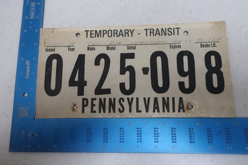 Pennsylvania License Plate Tag 1977 77 PA Temporary Transit Cardboard ...