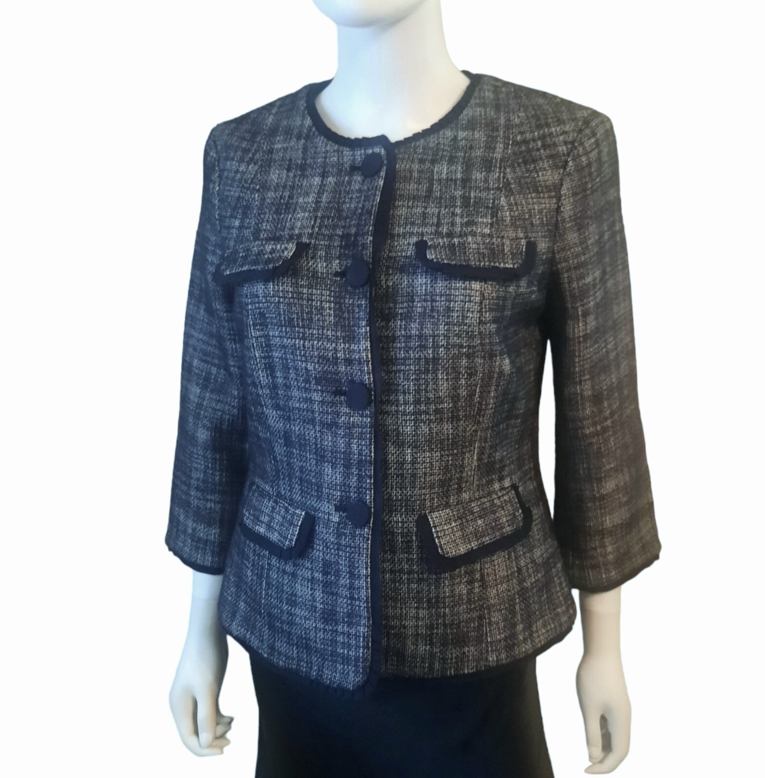 TALBOTS Tweed Collarless Blazer 3/4 Sleeve Ribbon Tri… - Gem