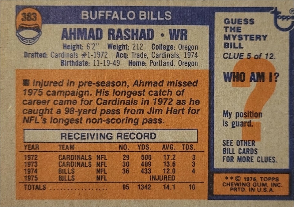 1976 Topps Football #383 Ahmad Rashad Buffalo Bills * | eBay