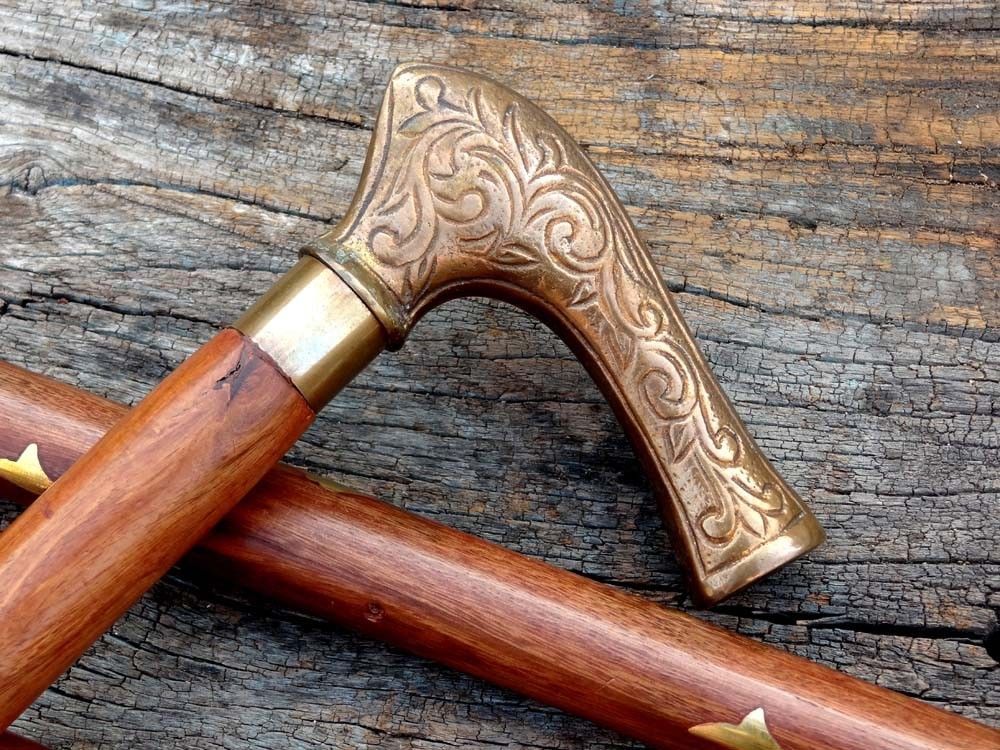 Vintage Wooden Walking Stick antique Brass Victorian … - Gem