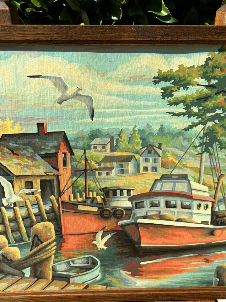 VTG MCM Paint By Numbers Painting Dock Harbor Boat Seagulls Water ...