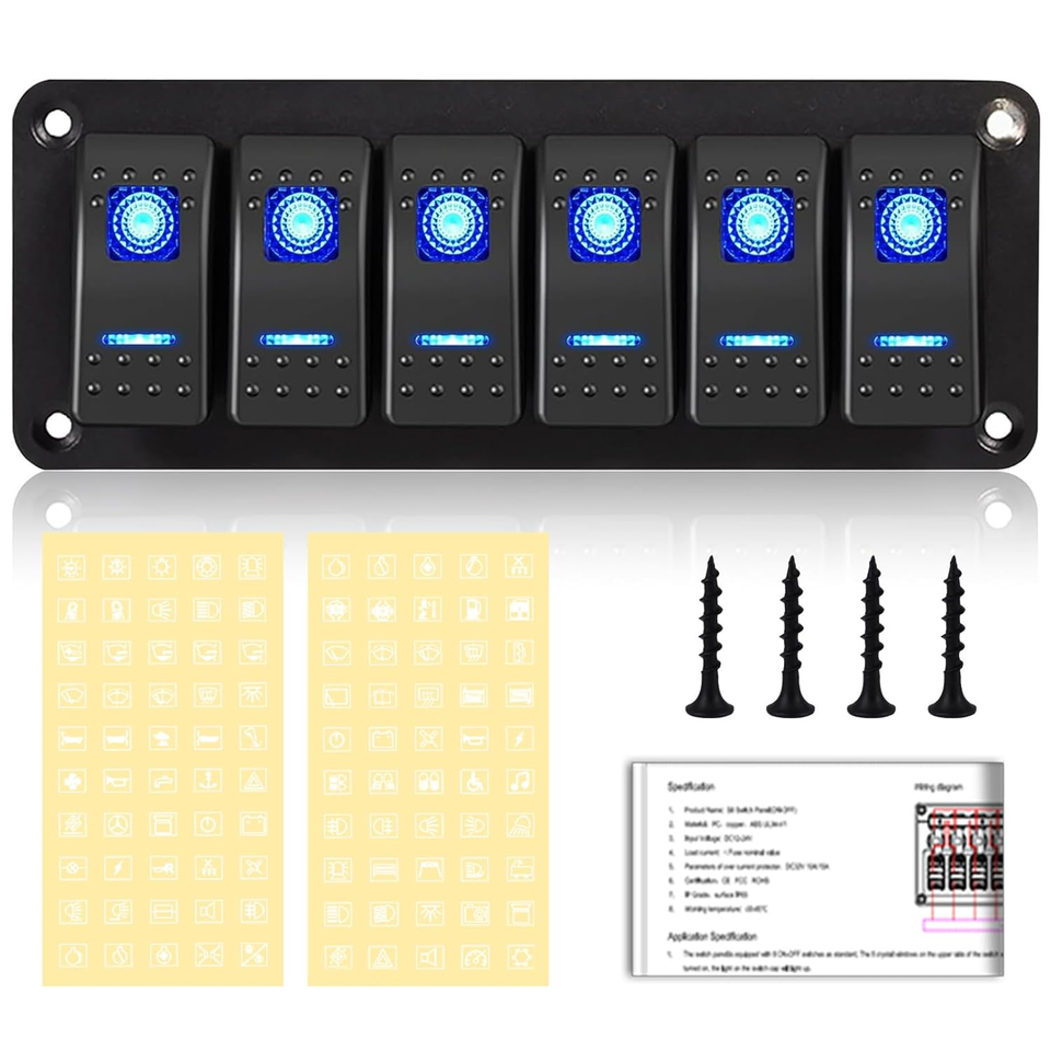 Toggle Switch Panel 6 Gang Waterproof Aluminum Switch,12V/24V Rocker ...