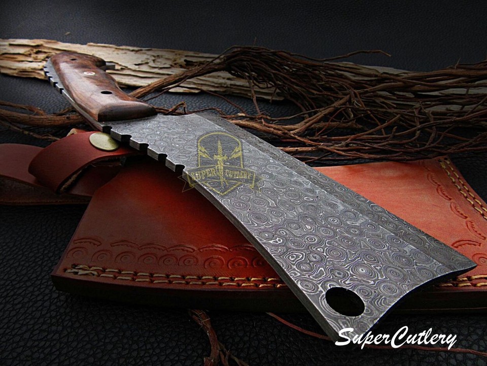 Handmade Damascus steel Cleaver Meat Chopper Walnut Handle Fixed blade ...