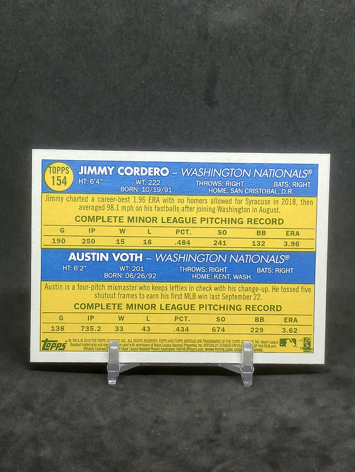 2019 Topps Heritage - Rookie Stars #154 Austin Voth, Jimmy Cordero (RC ...