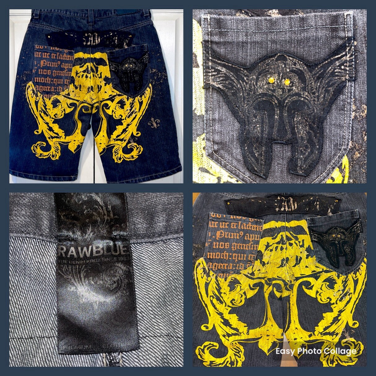 Raw Blue Shorts Men 38 Hip Hop Grunge Graphic Glitter… - Gem