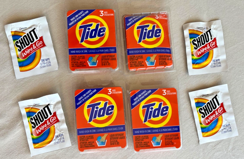 TIDE Liquid Travel Sink Packets, 4 Packs of 3 = 12 Uses + 4 Shout Wipes ...