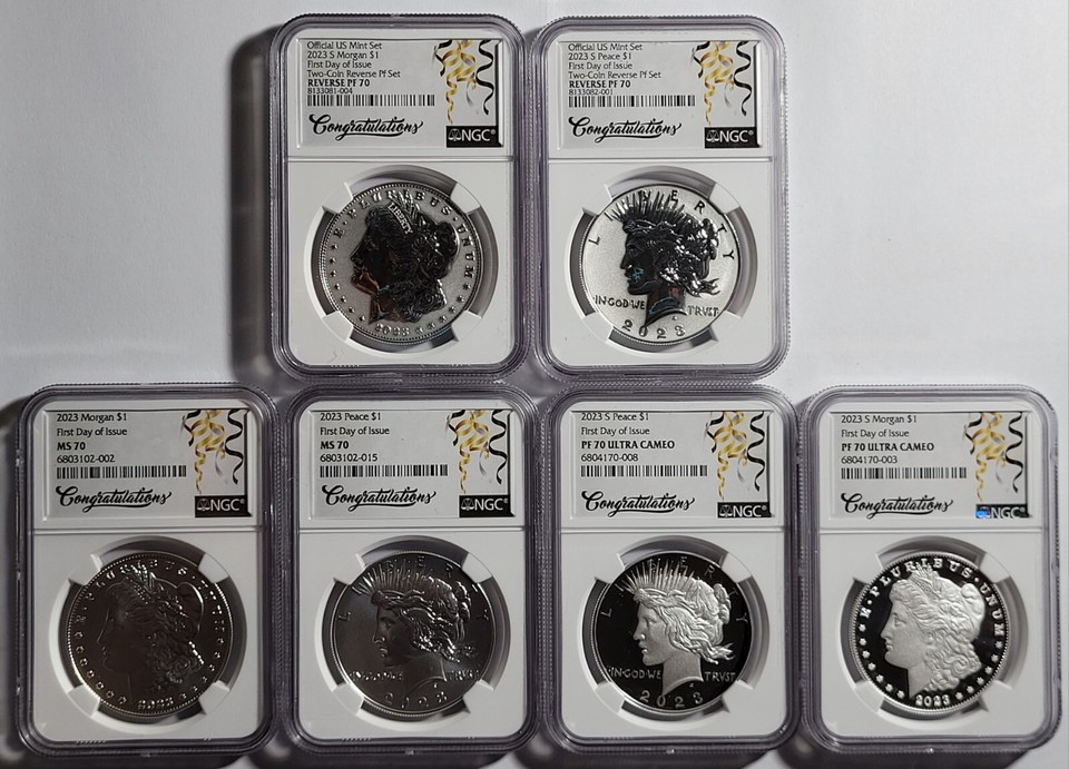 6 coin set 2023 morgan peace silver dollars ngc ms pf rp 70 first day ...