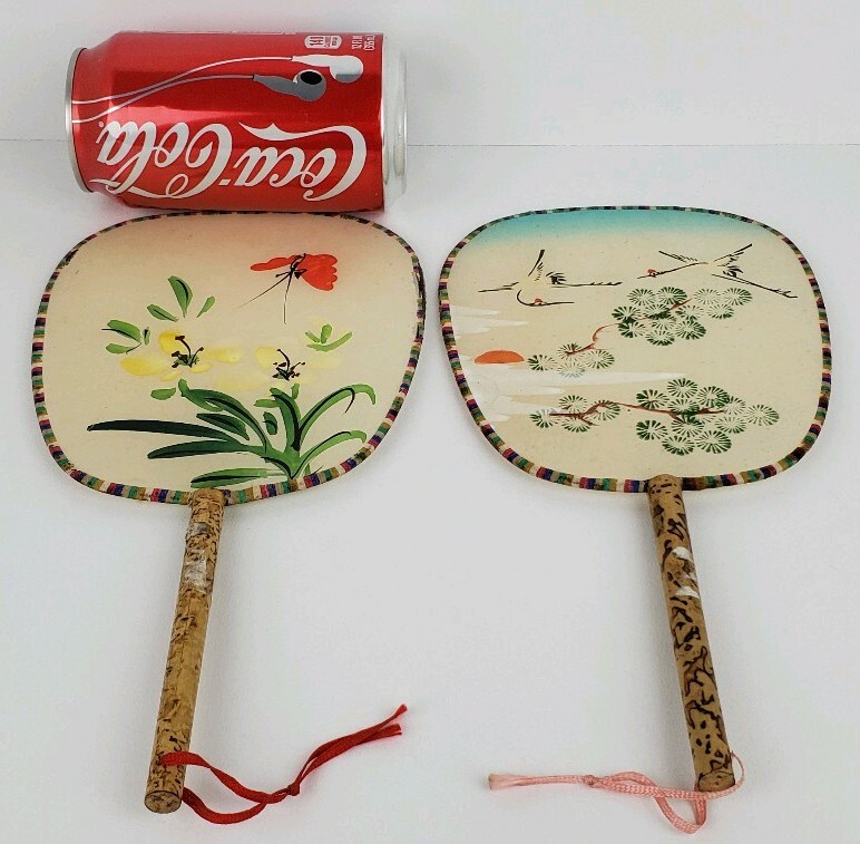 (2) Vintage Oriental Floral Birds Butterfly Wooden Handle Silk Paddle ...