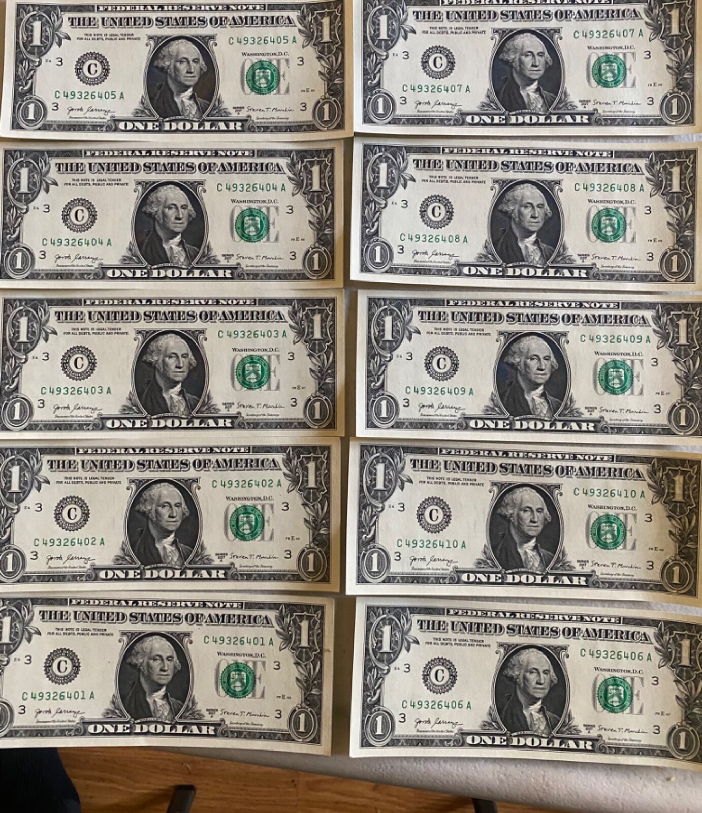 10 Consecutive Serial # $1 Dollar Bills Crisp Uncirculated Direct from ...