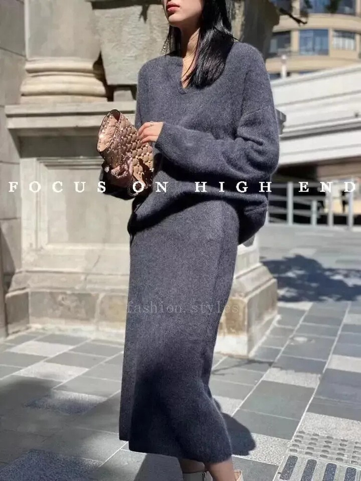 Women Cashmere Set Fleece Sweater + Mid-length Skirt Two-piece Autumn ...