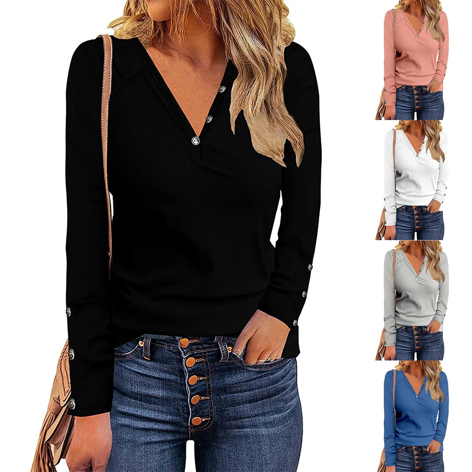 Women's Long Sleeve V Neck Ribbed Button Tops Basic Solid Color Tee ...