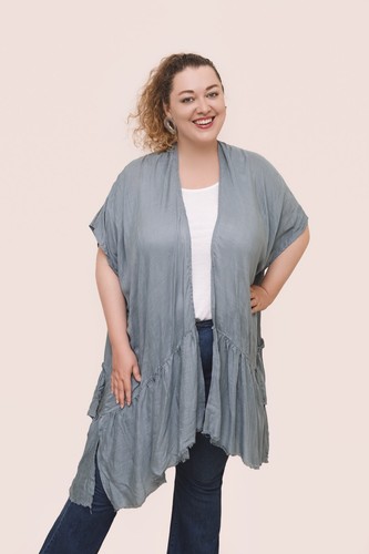 Plus Size Boho Coachella Denim Blue Grey Ruffle Kimono Cardigan Duster ...