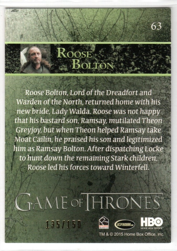 GAME OF THRONES SEASON 4 GOLD PARALLEL BASE INSERT #63 ROOSE BOLTON 135 ...