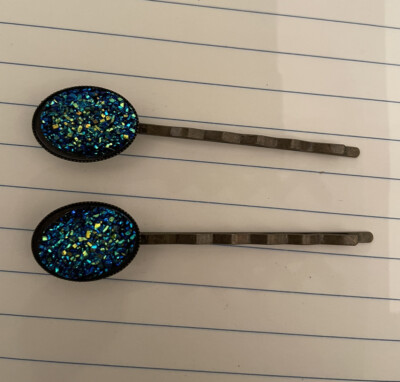 (2) Vintage Teal Glitter Druzy Oval Cabochon Bronze Bobby Pins | eBay