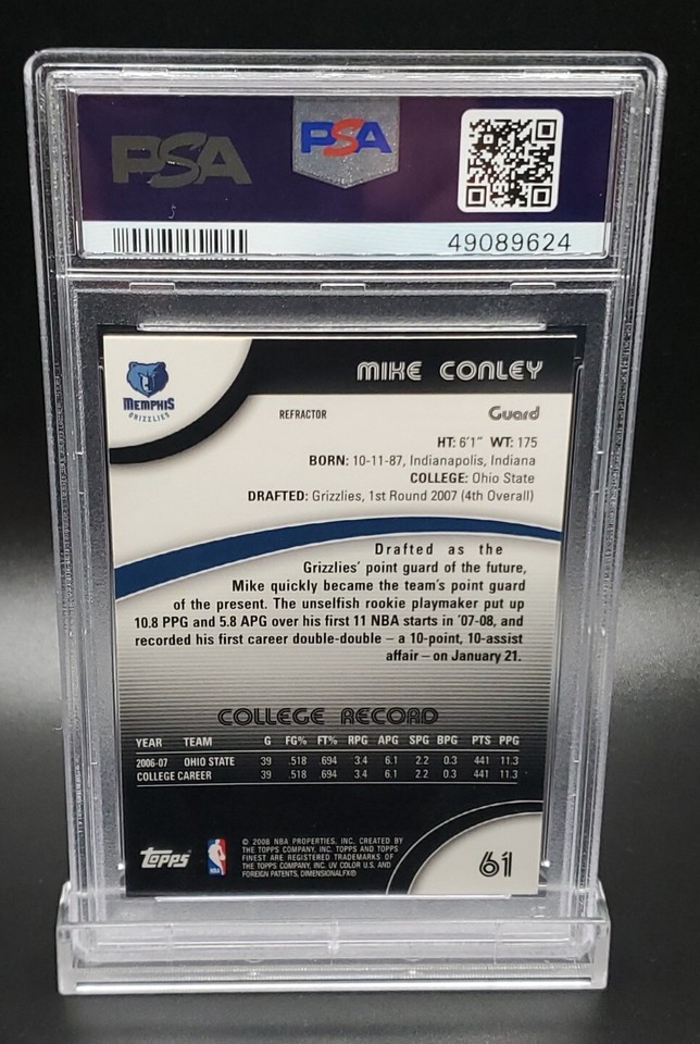 2007-08 Topps Finest Refractor Mike Conley #61 Rookie RC PSA 10 Gem ...
