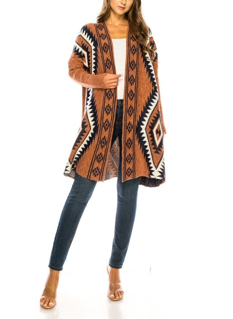 Boho Aztec Tribal Southwestern Print Knit Cardigan Sweater Duster Top S ...