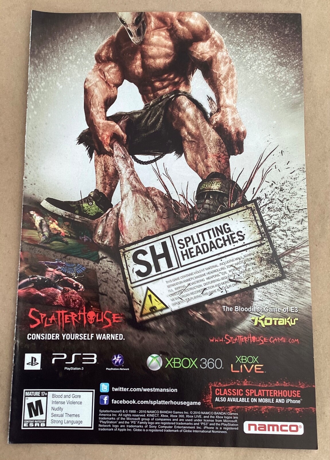 Splatterhouse 2010 Print Ad art promo vintage video game Namco Xbox Playstation | eBay
