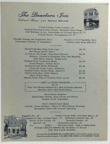 1970 Original Menu THE DEARBORN INN Colonial Homes & Motor House ...