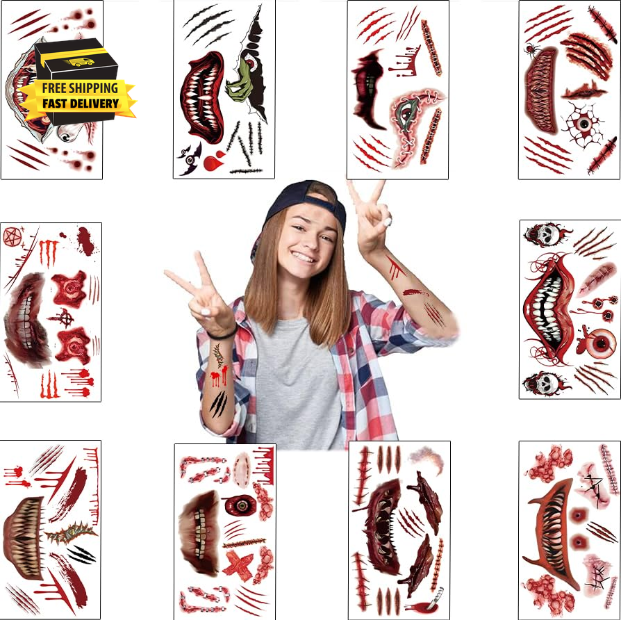 20 Sheets Halloween Temporary Tattoos - 3D Scary Fake Scars, Spider ...