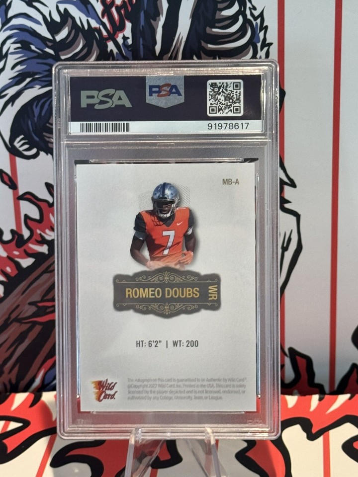 Romeo Doubs Premium Auto, 2022 Wild Card Matte 67/99 Green PSA MINT 9 ...