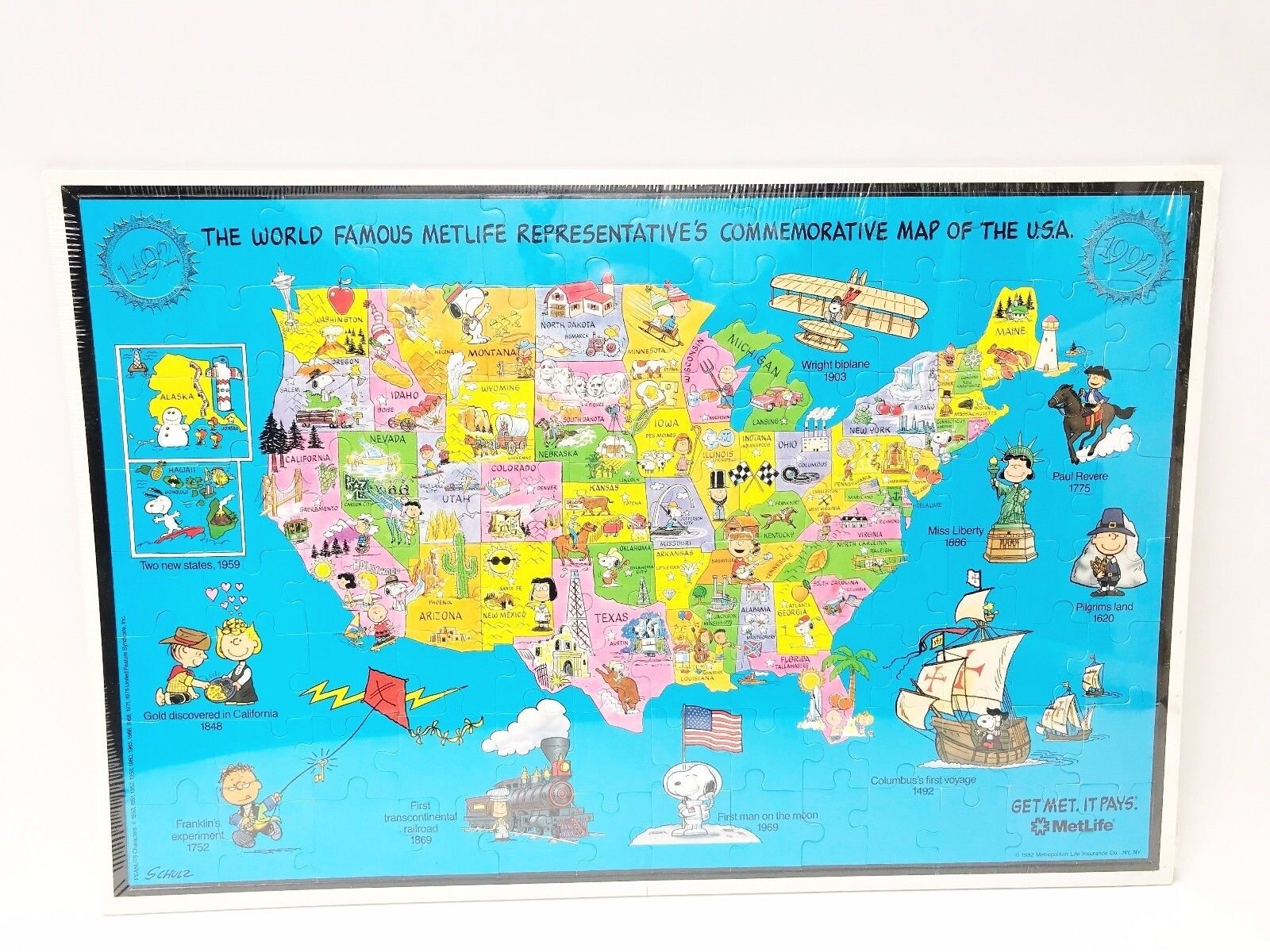 Vintage Peanuts and Snoopy Rare Commemorative MetLife USA Map Puzzle ...
