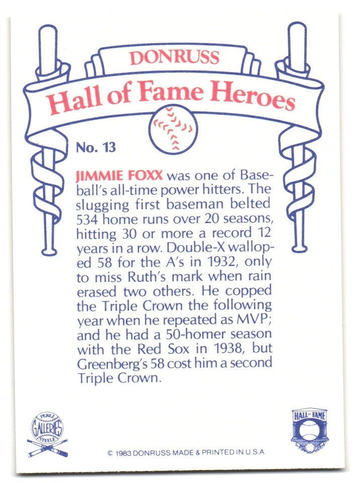 Jimmy Foxx 1983 Donruss MLB Hall of Fame Heroes Card # 13 | eBay