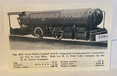 EARLY HC FRICK COKE Co COMPRESSED AIR 0-4-0 Pa COAL MINE LOCOMOTIVE NEW ...