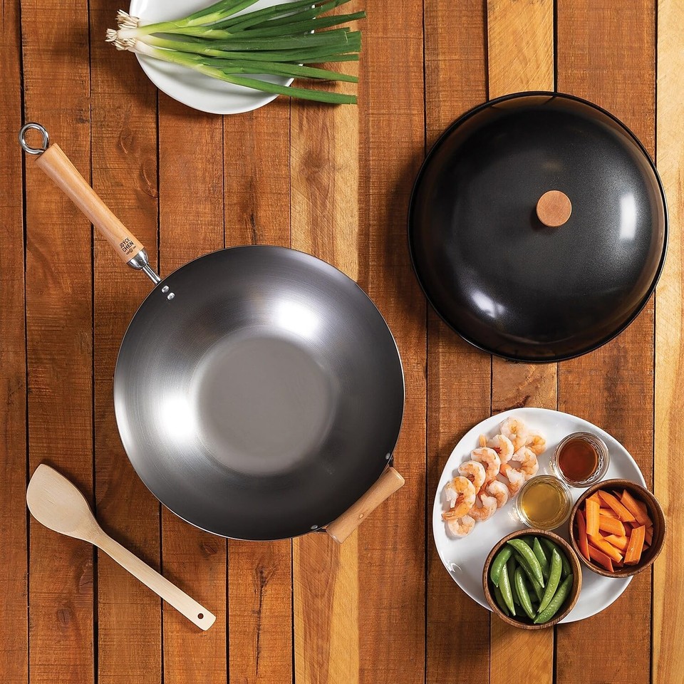 Classic Series 14-Inch Uncoated Carbon Steel Wok Set with Lid and Birch ...