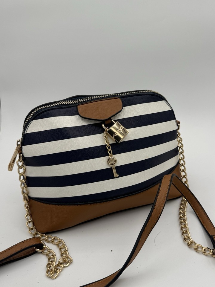 ALDO Striped Crossbody Purse Handbag Navy White Tan Gold Chain Accent ...