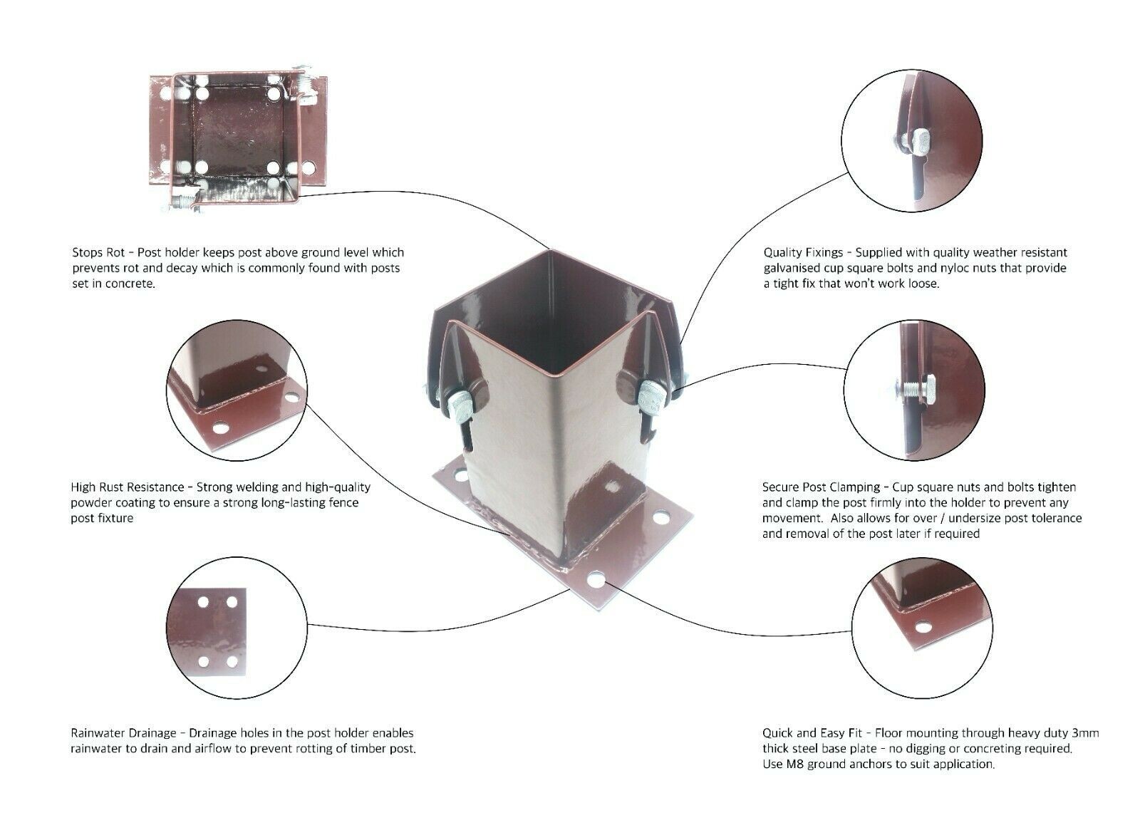 Fence Post Shoe Bolt Down FLUSH FIT *PACK of 2* 100mm/4" Decking RED ...