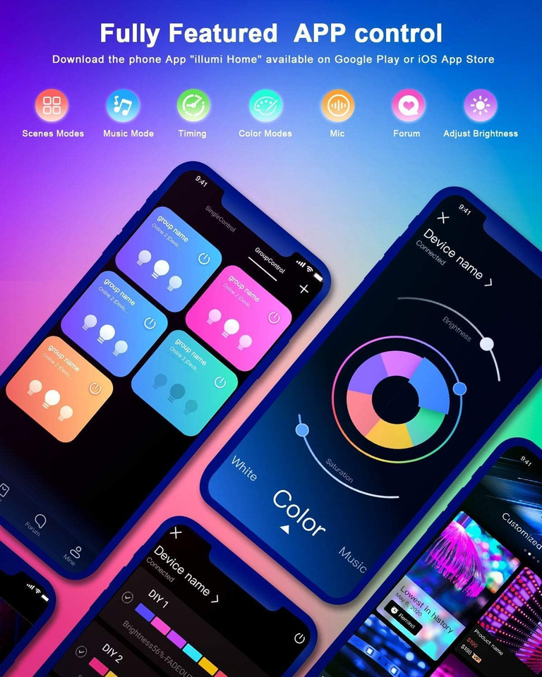 100Ft LED Strip Lights for Bedroom with App Remote RGB Color Changing ...